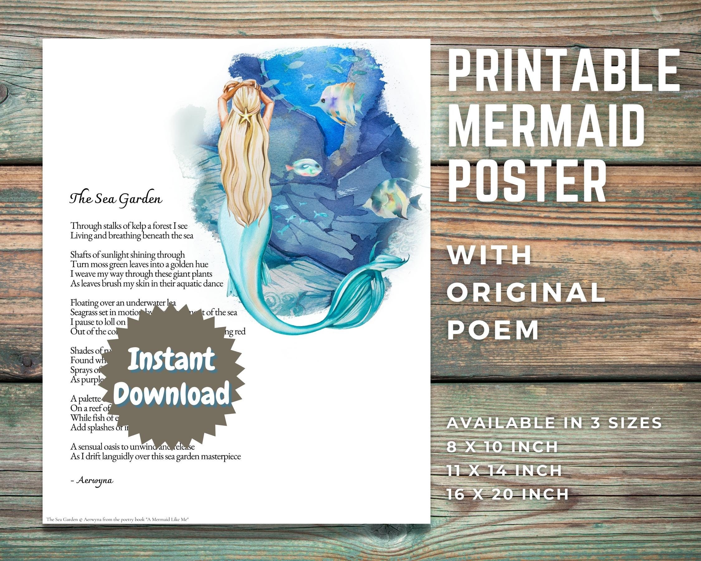 Printable Mermaid Poster Poetry Wall Art the Sea Garden - Etsy