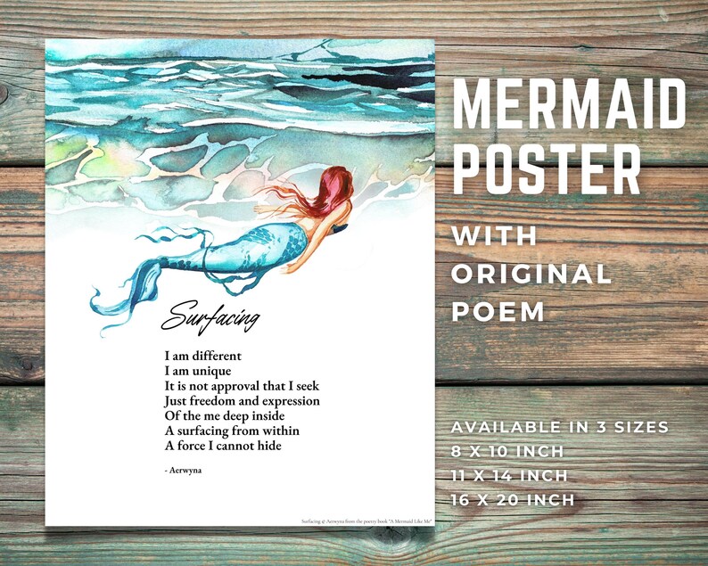 Mermaid Poster Poetry Wall Art "surfacing" - Etsy