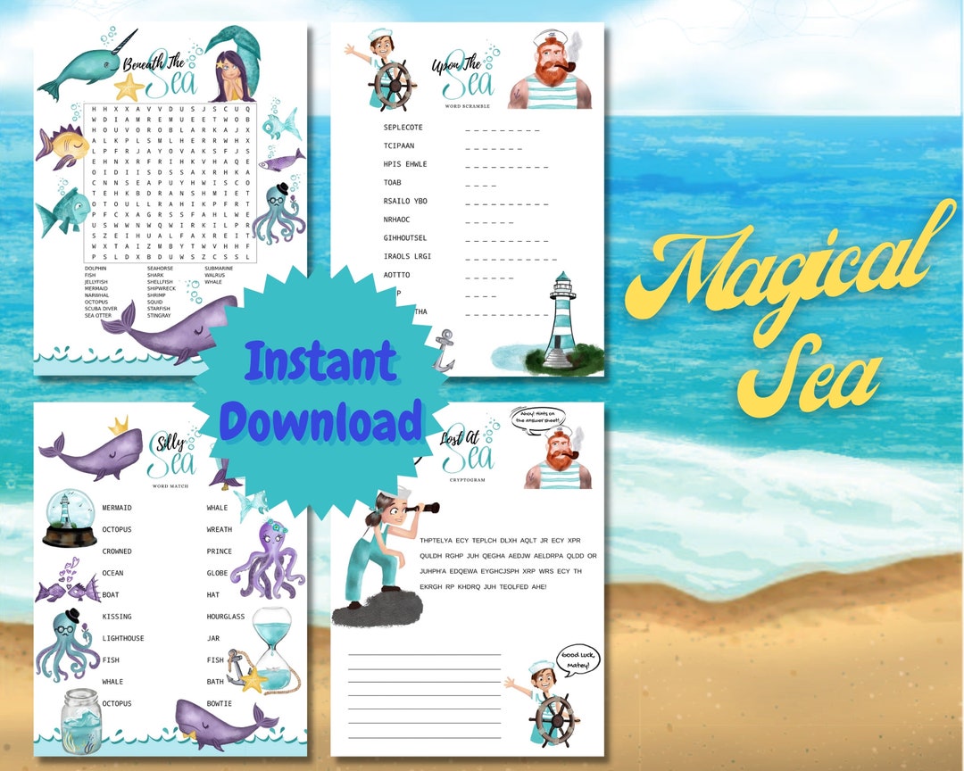 Magical Sea - Printable Mermaid Word Search, Word Scramble, Word Match ...
