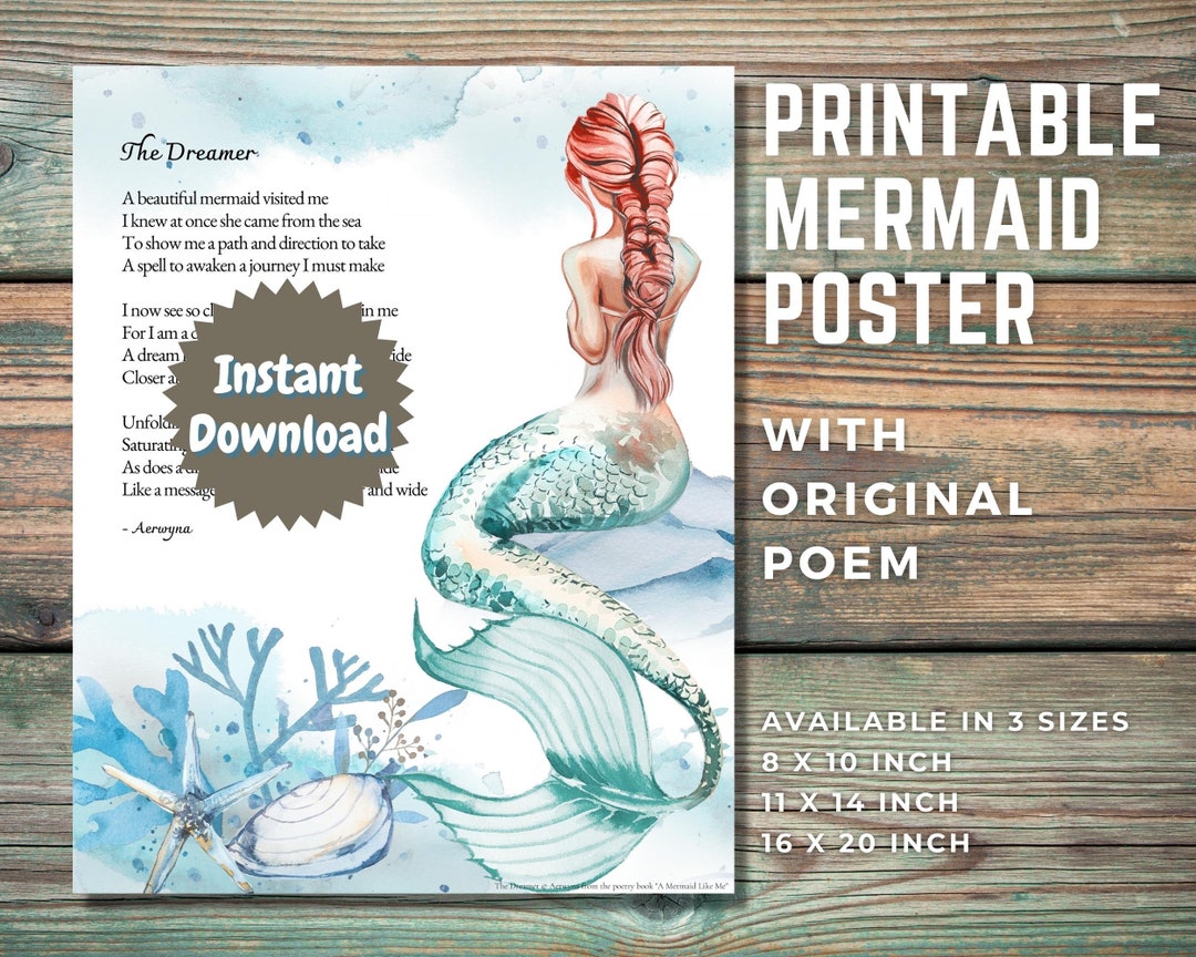 Printable Mermaid Poster Poetry Wall Art "the Dreamer" - Etsy