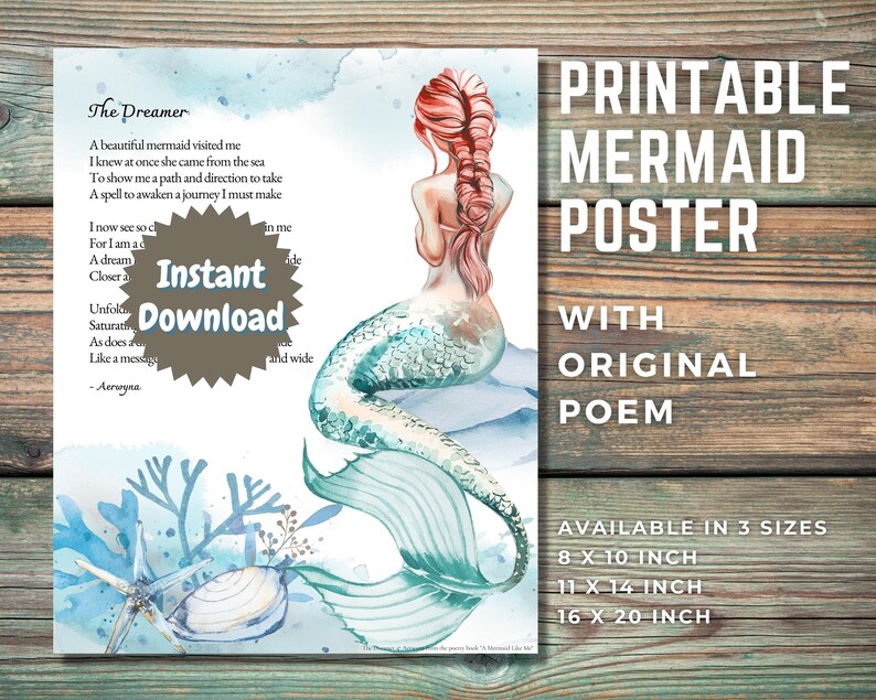 Printable Mermaid Poster Poetry Wall Art "the Dreamer" - Etsy