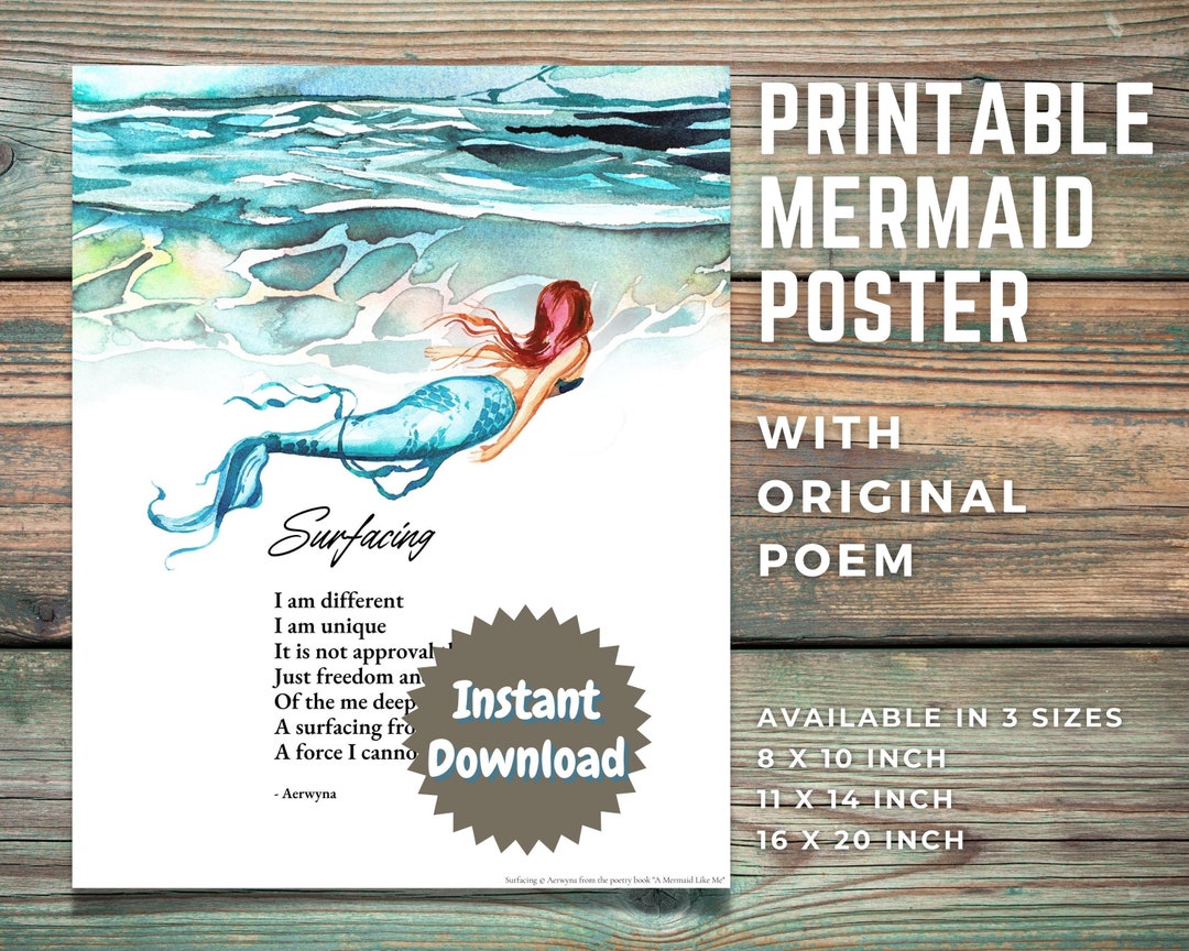 Printable Mermaid Poster Poetry Wall Art "surfacing" - Etsy