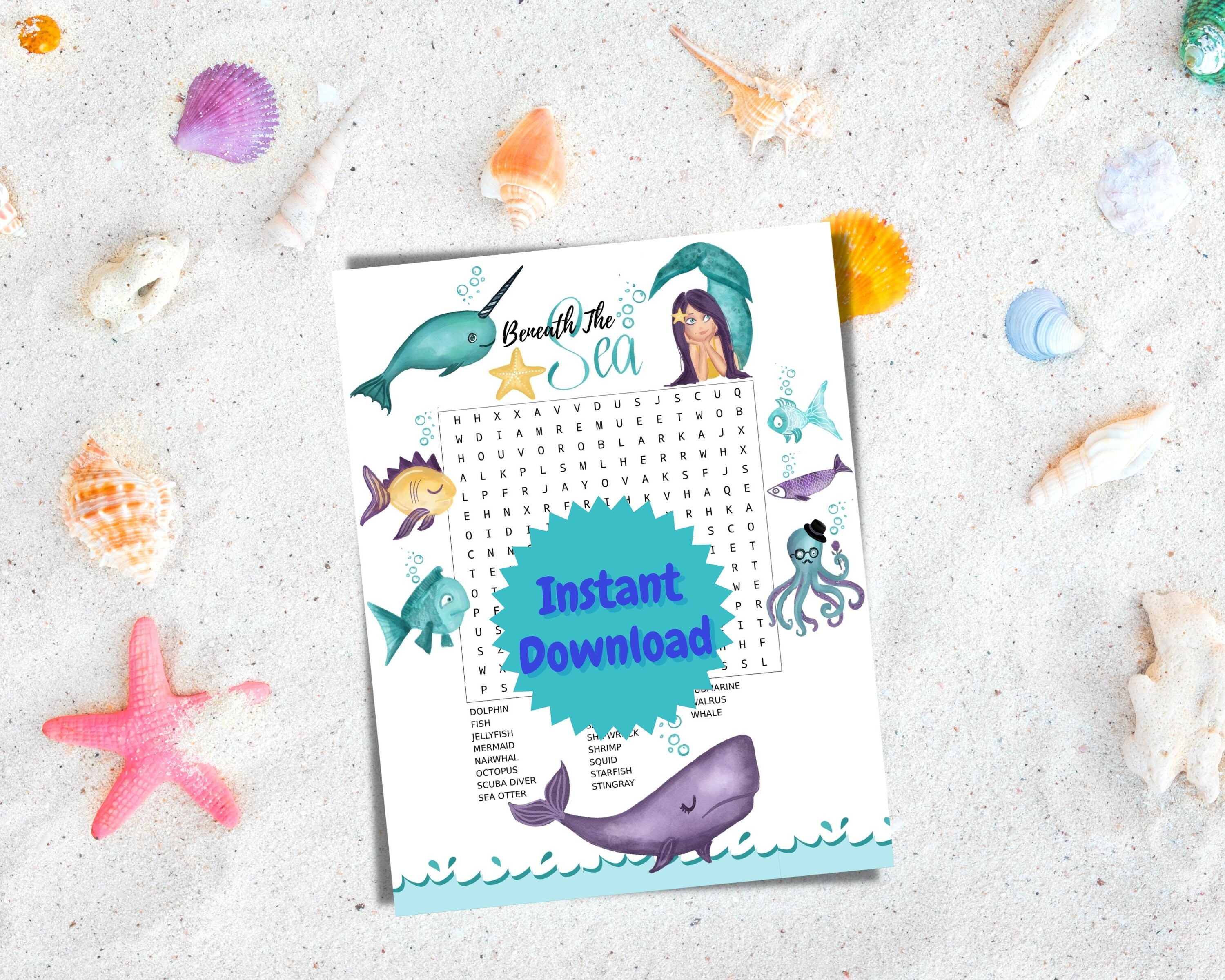 Magical Sea - Printable Mermaid Word Search, Word Scramble, Word Match ...
