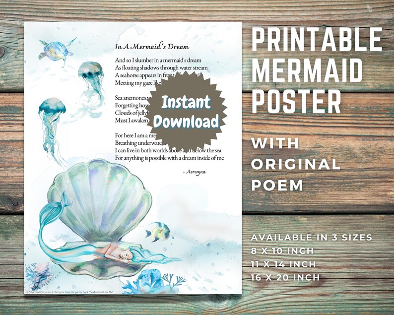 Printable Mermaid Poster Poetry Wall Art "in A Mermaid's Dream" - Etsy