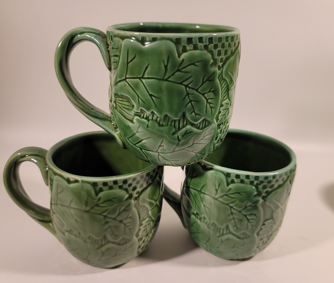 Lot of 3 Vintage Majolica Green Cabbage Leaves Coffee Tea Mugs - Etsy