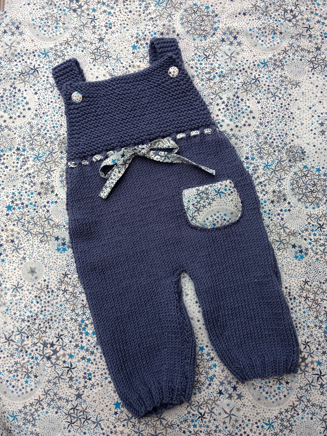 Hand-knitted Baby Overalls in Blue Denim Merino Wool, Pocket and Tie in ...
