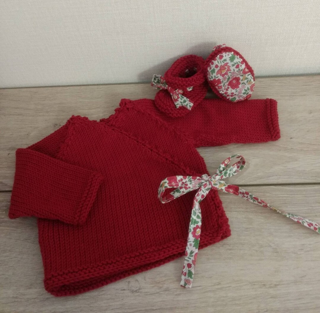 Baby Wrap-over Bra Set, Hand-knitted Layette in Red Wool, Matching ...