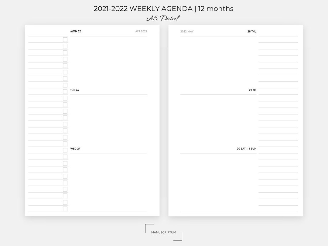 Printable Academic Planner | A5 Weekly Agenda | 2021-2022 Dated Planner ...