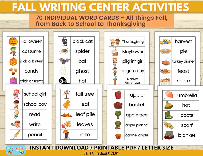 Fall Writing Center, Fall Word Wall Cards, Fall Writing Prompts With ...