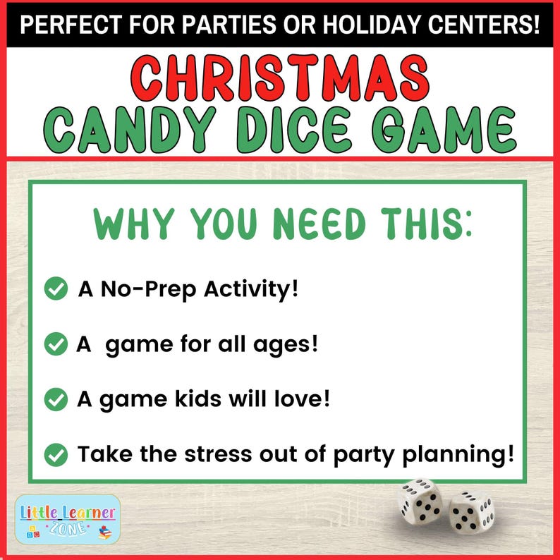 Christmas Candy Dice Game Printable Kids Party Game, Christmas Party ...