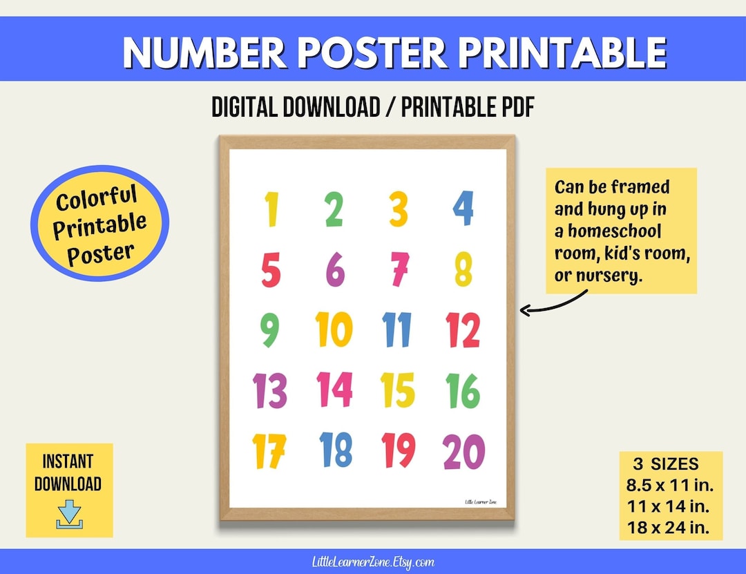 Printable Numbers Poster, Kid's Numbers Chart, Colorful Number Chart ...