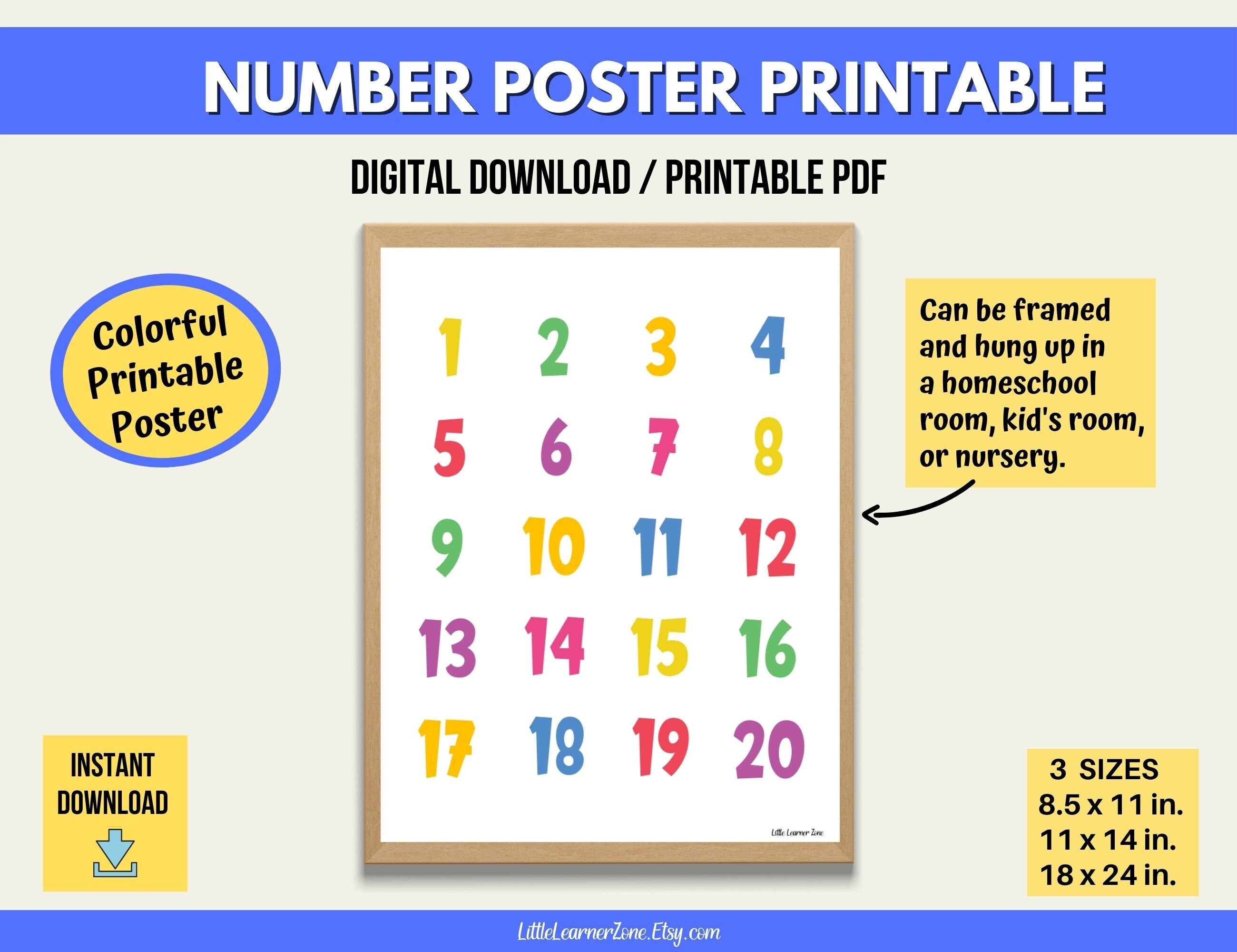 Printable Numbers Poster, Kid's Numbers Chart, Colorful Number Chart ...