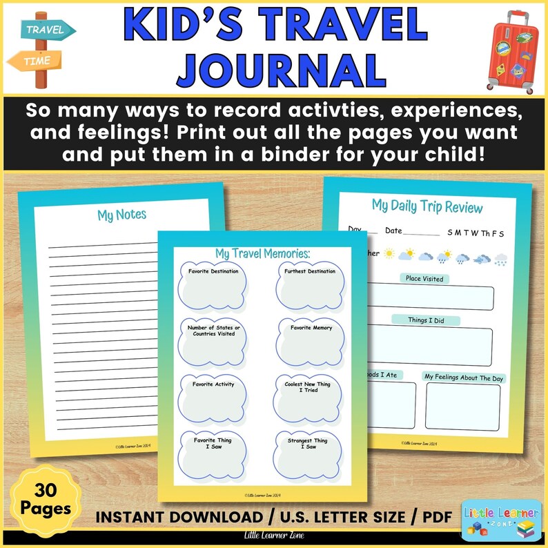 Kid's Travel Journal Printable, Kid's Vacation Memory Journal , Travel ...