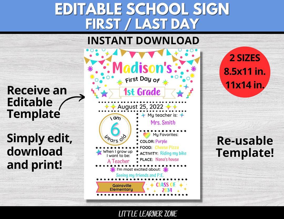 First Day of School Editable Sign, First Day, Last Day School Printable ...