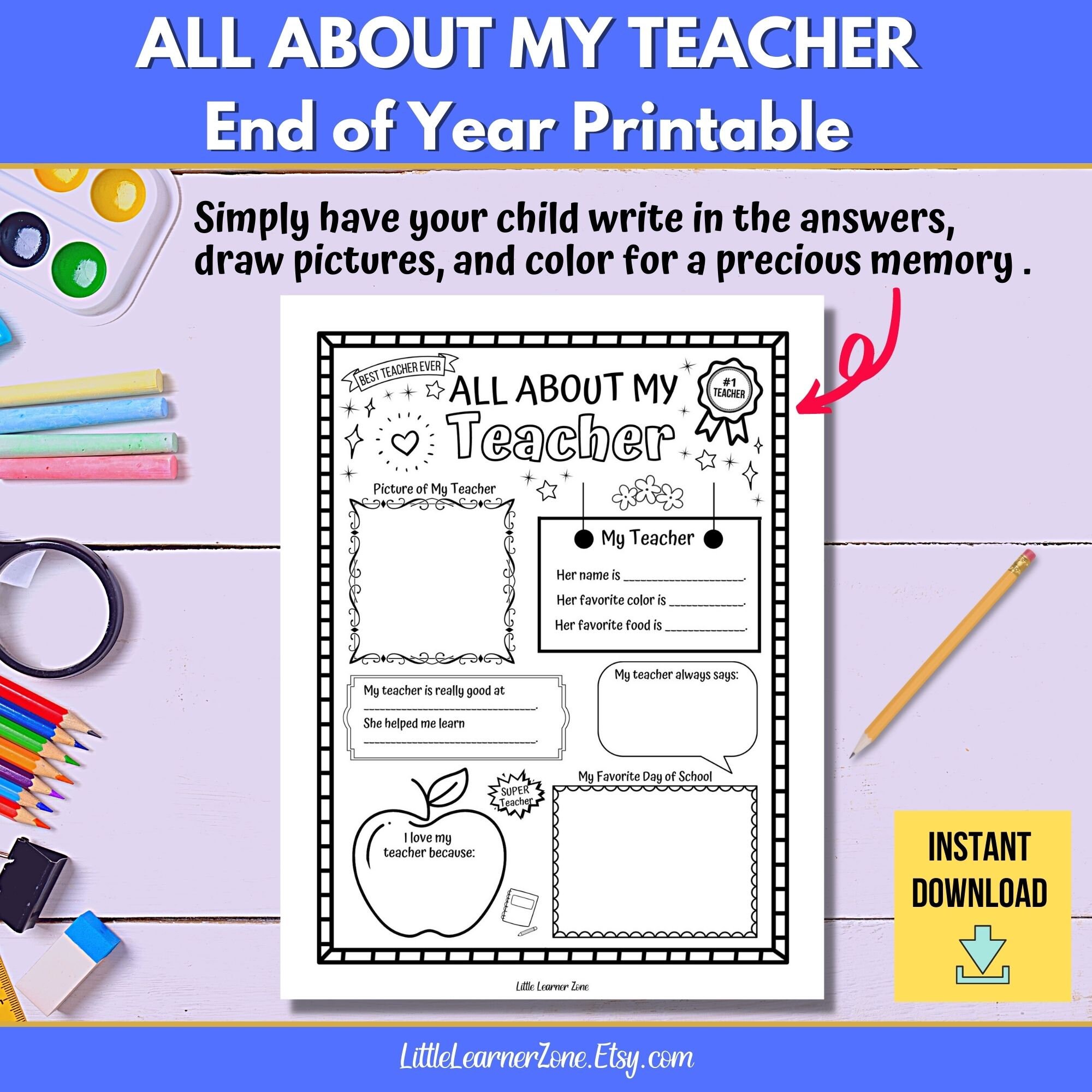 Teacher Appreciation Week Gift, All About My Teacher Printable, End of ...