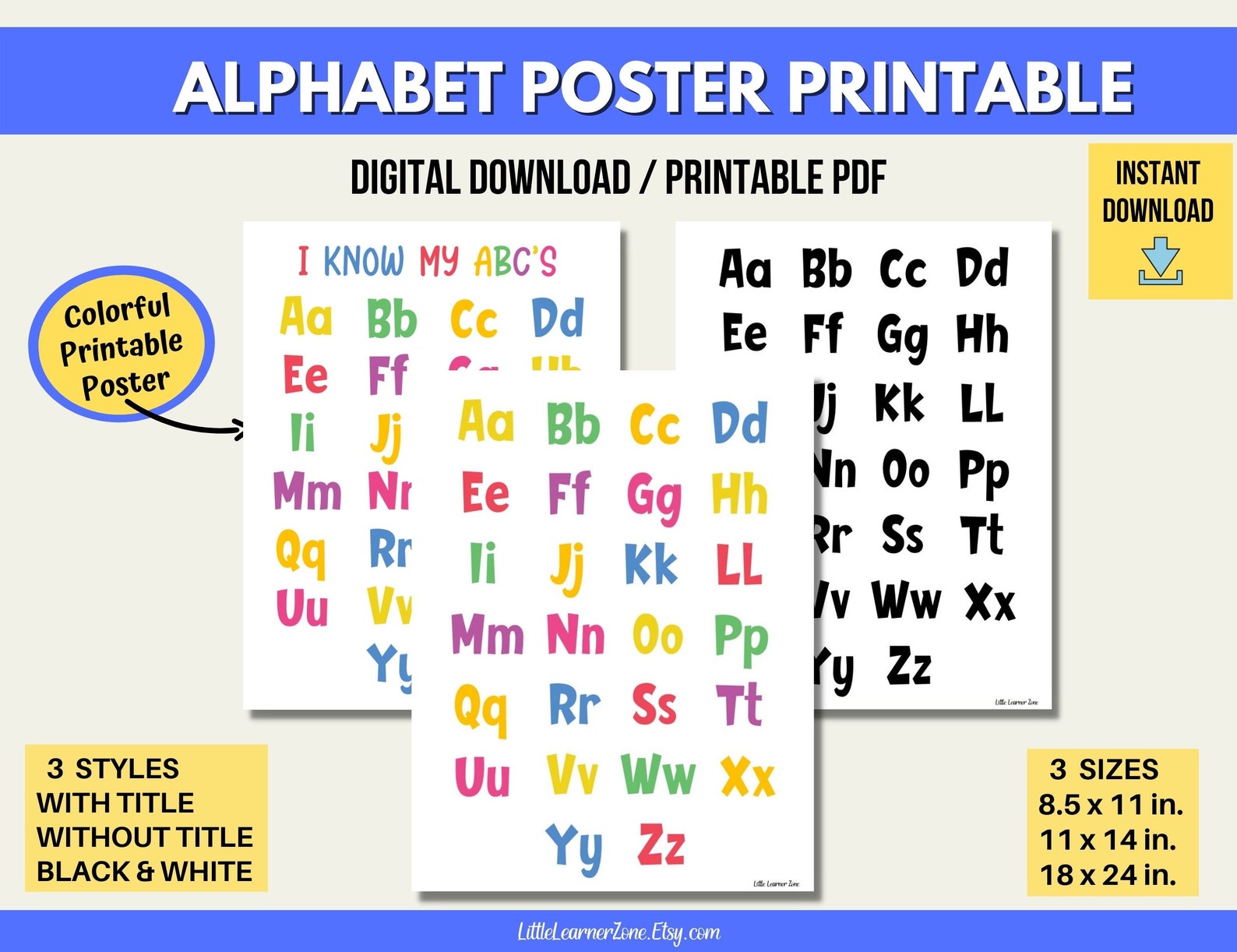Printable Alphabet Poster, Kids Alphabet Chart, Colorful ABC Chart ...