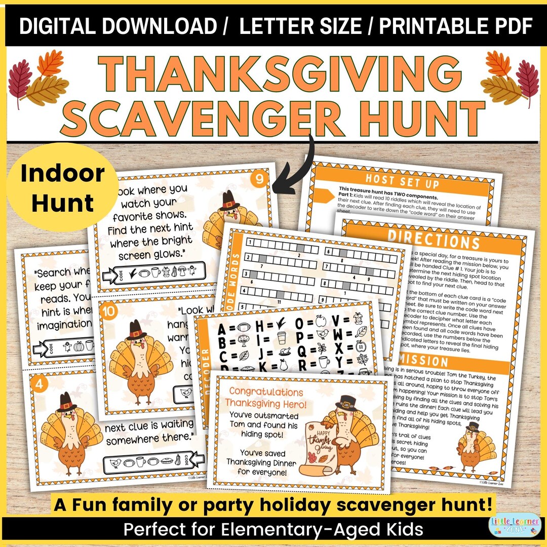 Thanksgiving Scavenger Hunt for Kids, Indoor Treasure Hunt Kids Clue ...