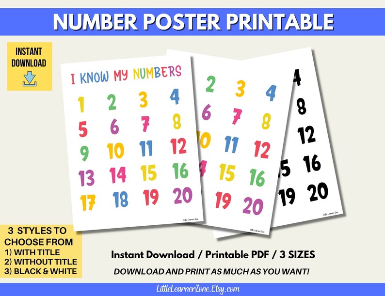 Printable Numbers Poster, Kid's Numbers Chart, Colorful Number Chart ...