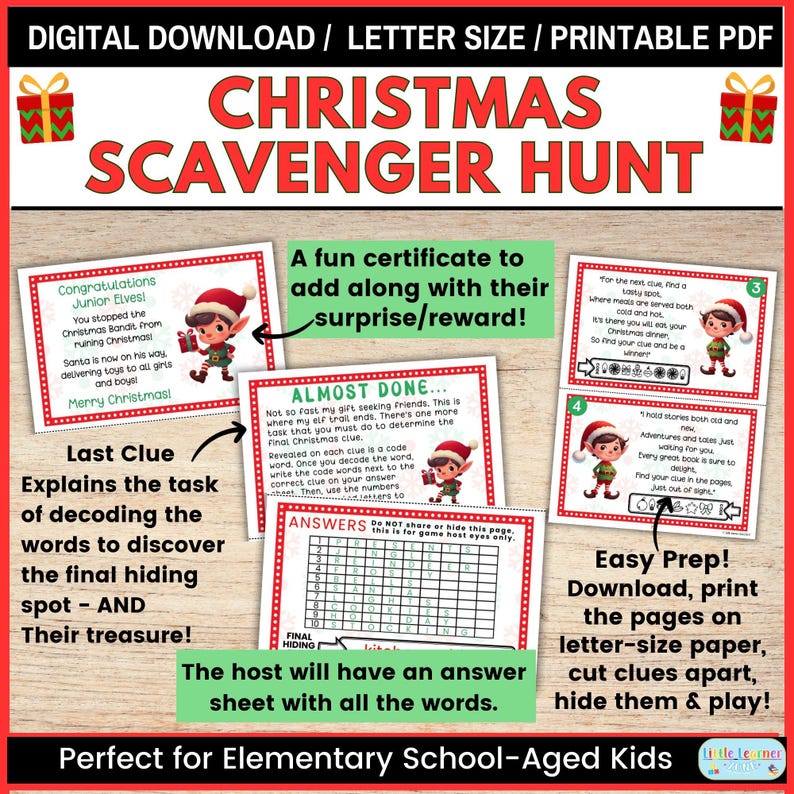 Christmas Scavenger Hunt for Kids, Indoor Treasure Hunt, Kids Clue ...