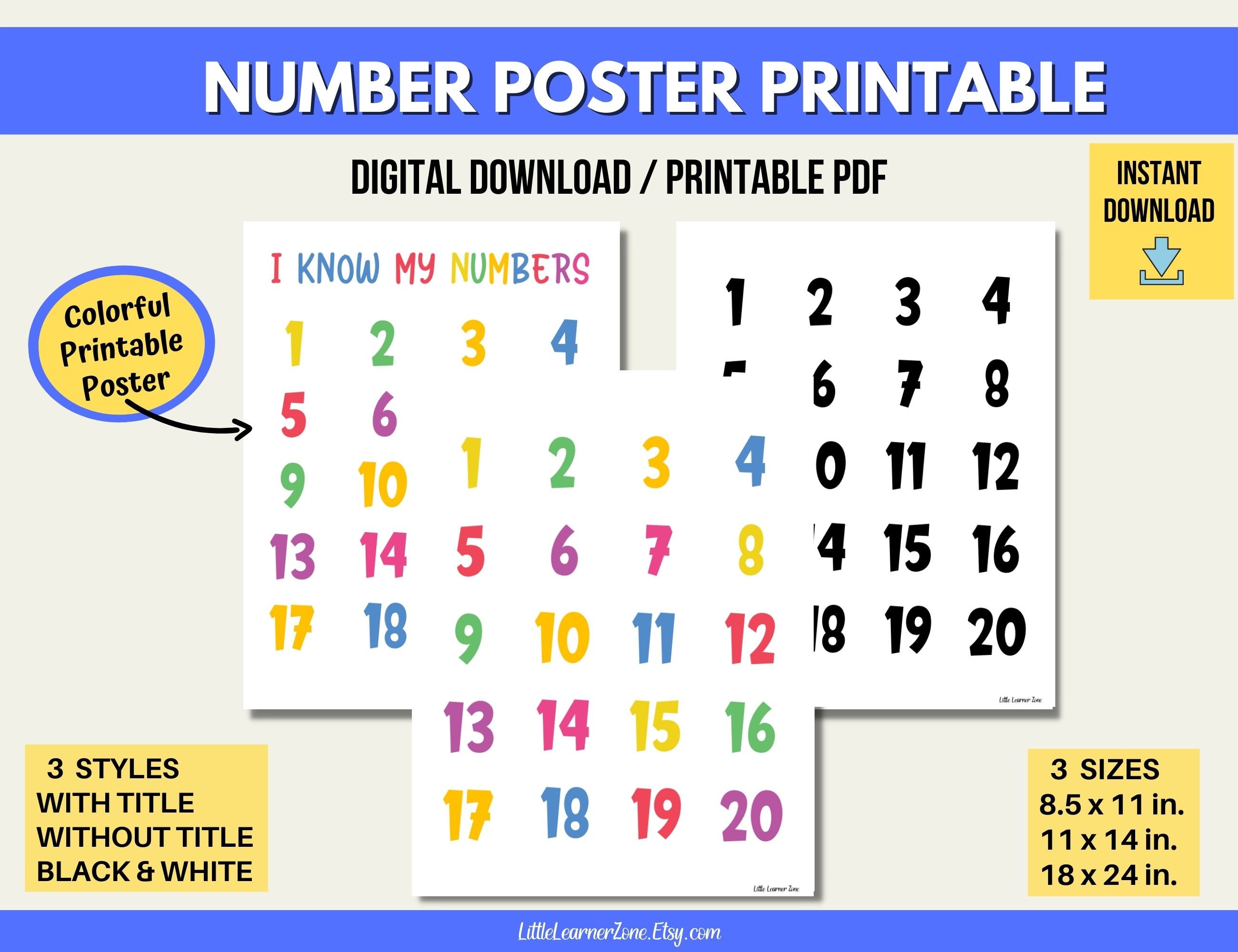 Printable Numbers Poster, Kid's Numbers Chart, Colorful Number Chart ...