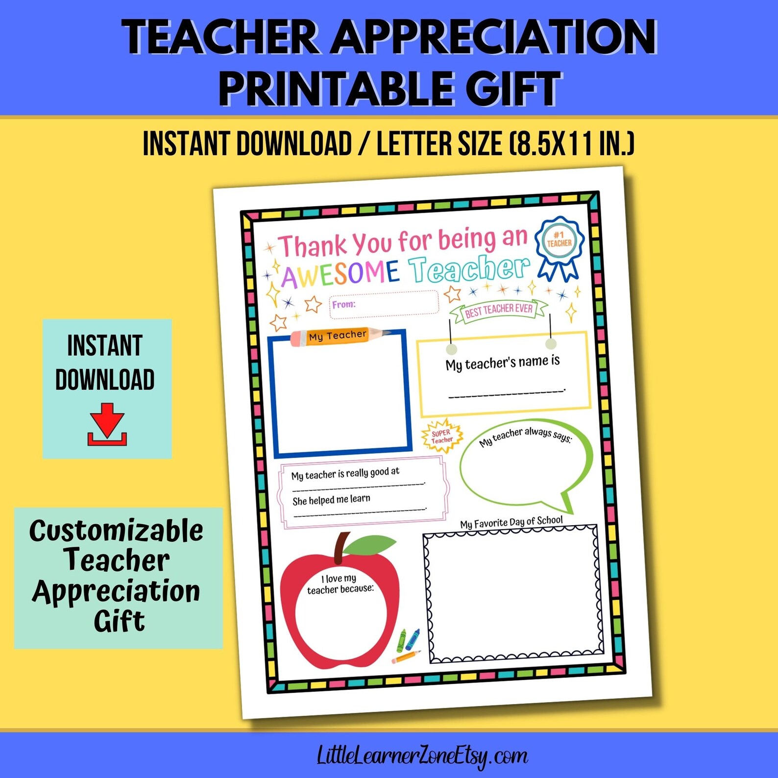 Teacher Appreciation Week Gift, All About My Teacher Printable , Thank ...