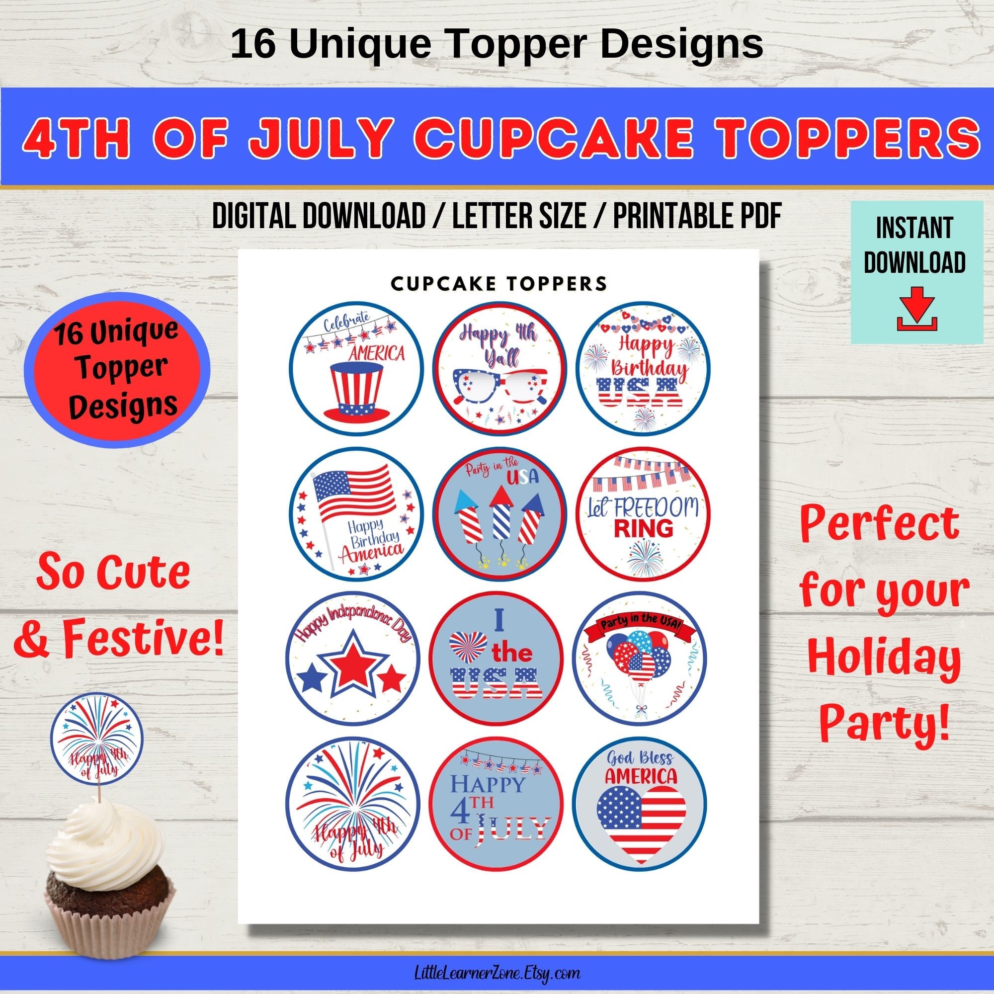 4th of July Cupcake Toppers, Printable July 4th Cupcake Topper, Fourth ...