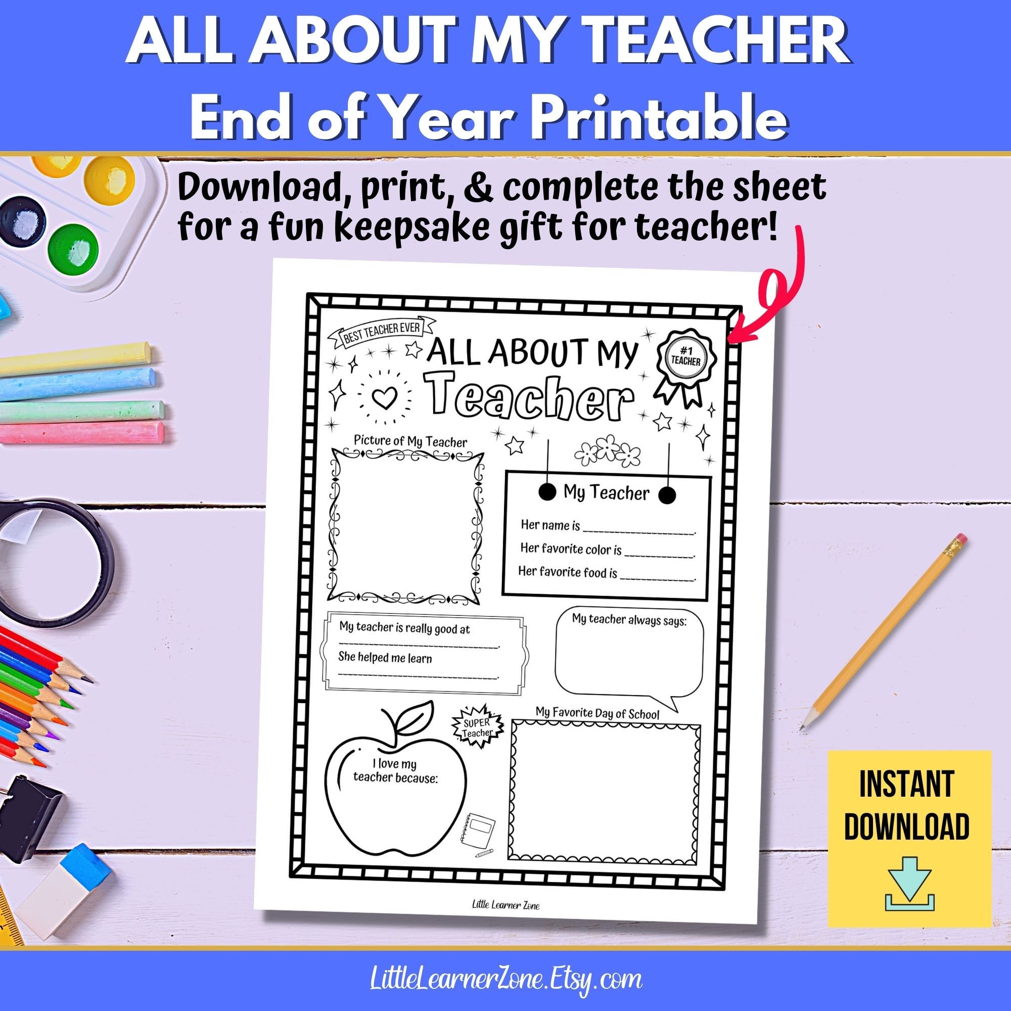 Teacher Appreciation Week Gift, All About My Teacher Printable, End of ...