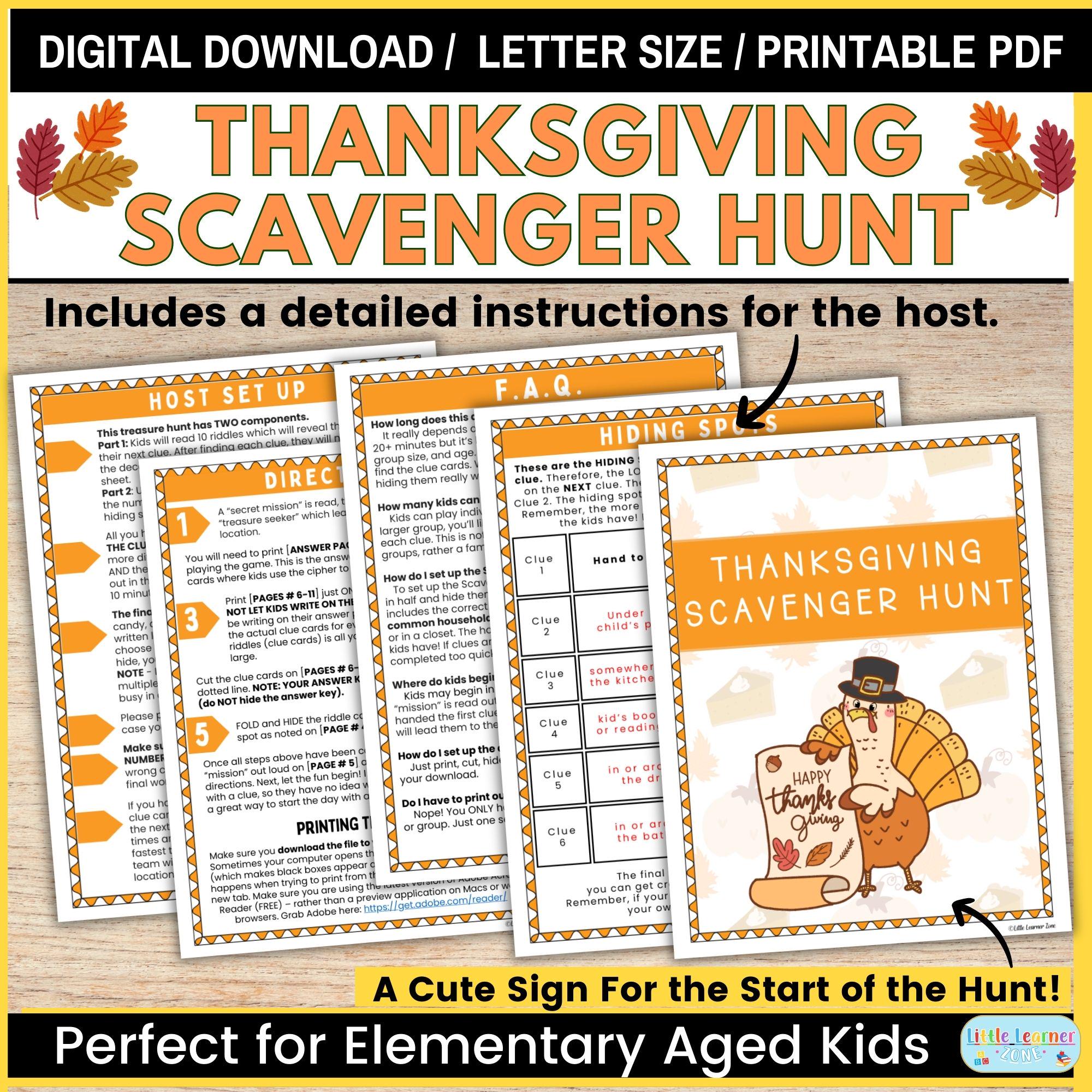 Thanksgiving Scavenger Hunt for Kids, Indoor Treasure Hunt Kids Clue ...