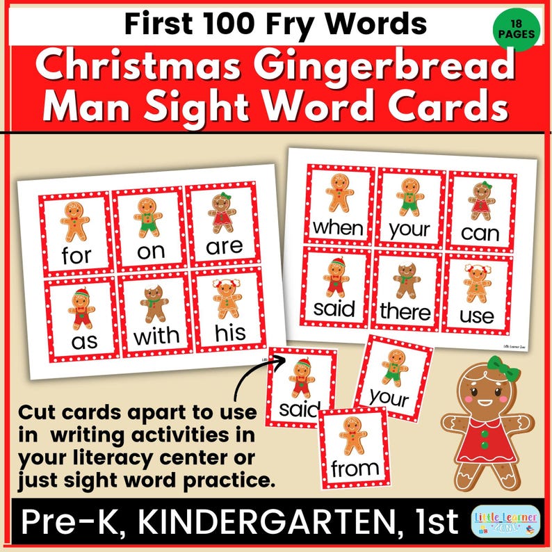 Gingerbread Man Sight Word Cards First 100 Fry Words Printable ...