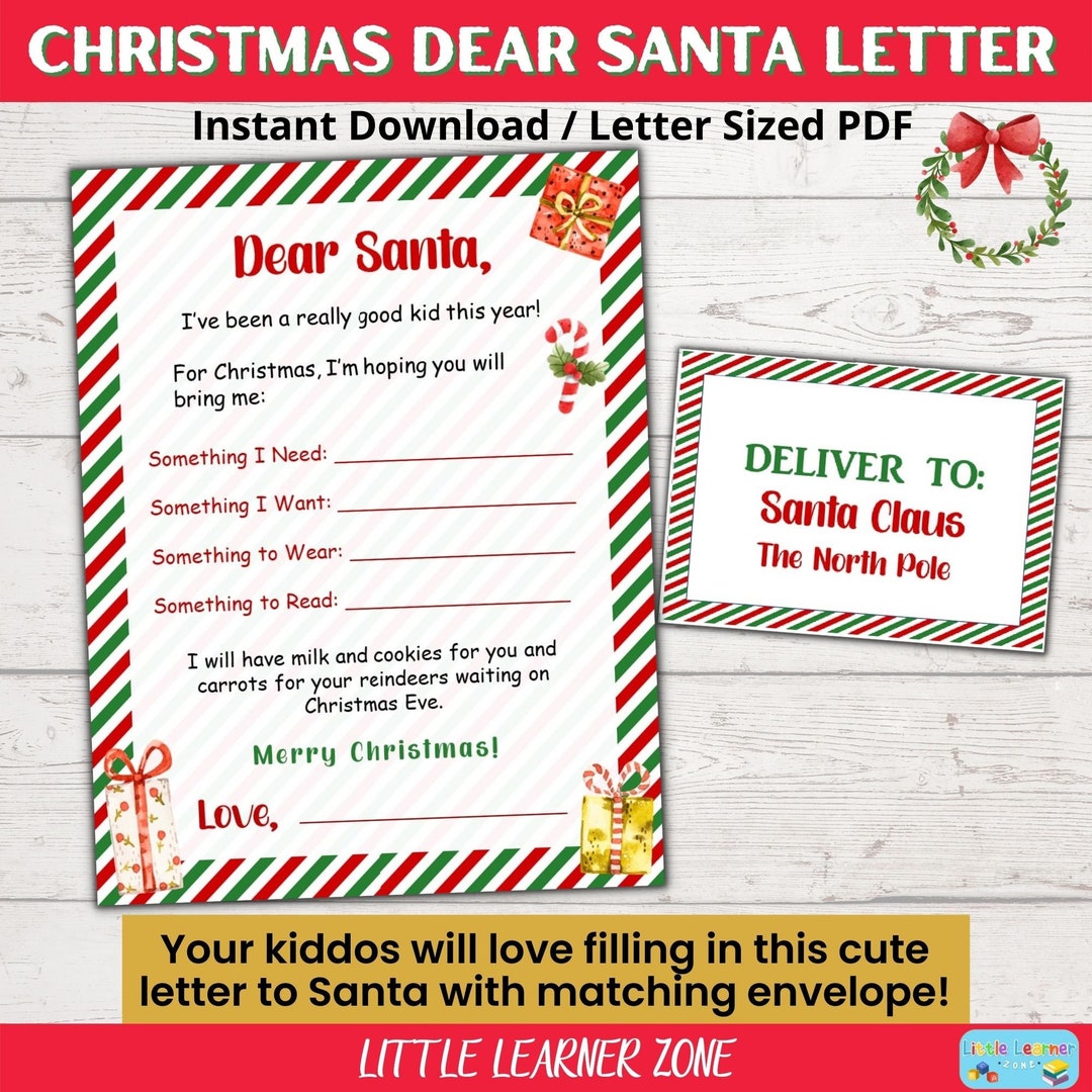 Printable Santa Letter With Envelope, Children's Letter to Santa, Kid's ...