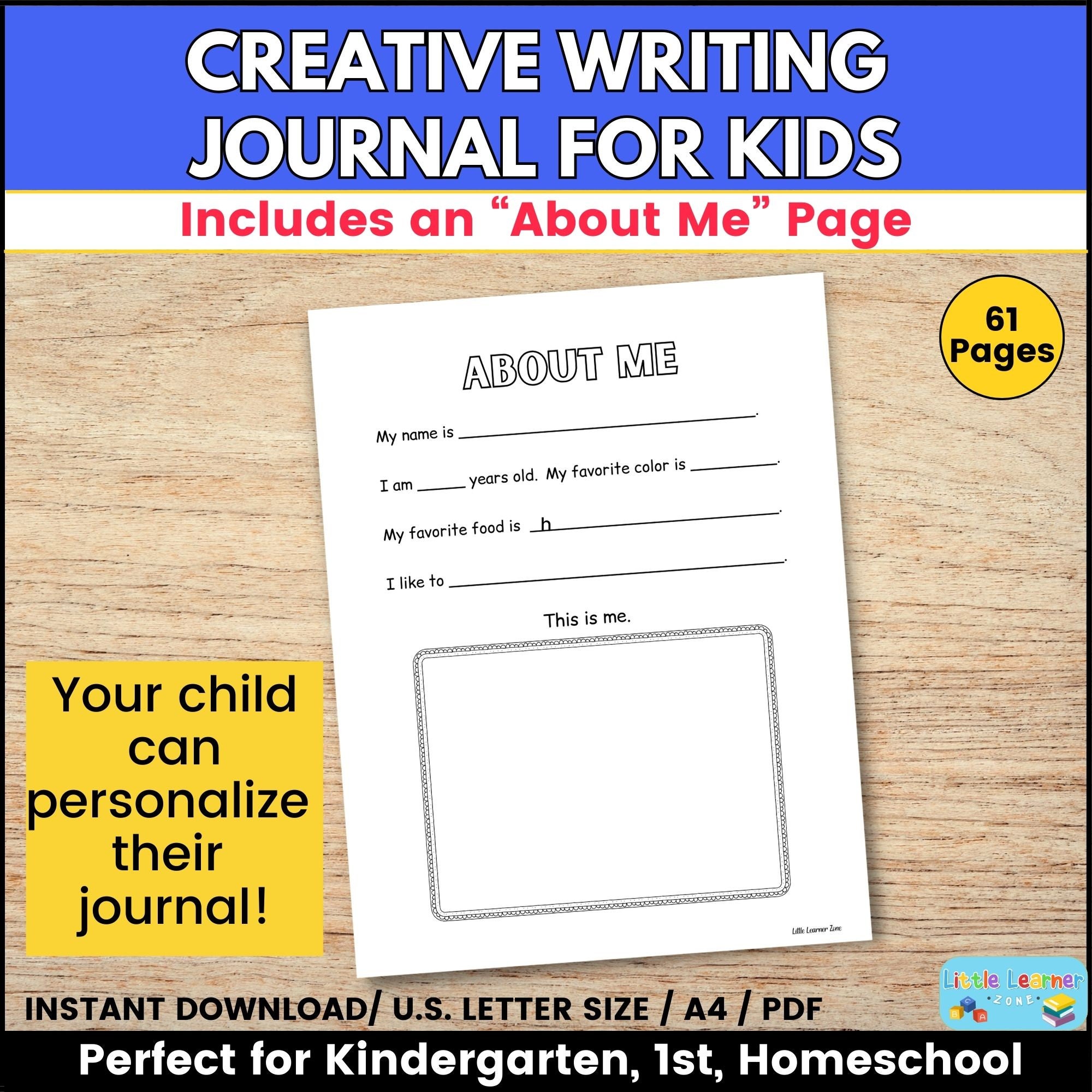 Kid's Writing Journal Printable, Journal Writing for Kindergarten ...
