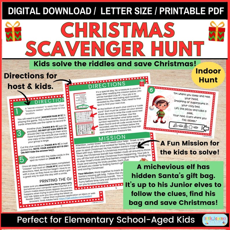 Christmas Scavenger Hunt for Kids, Indoor Treasure Hunt, Kids Clue ...