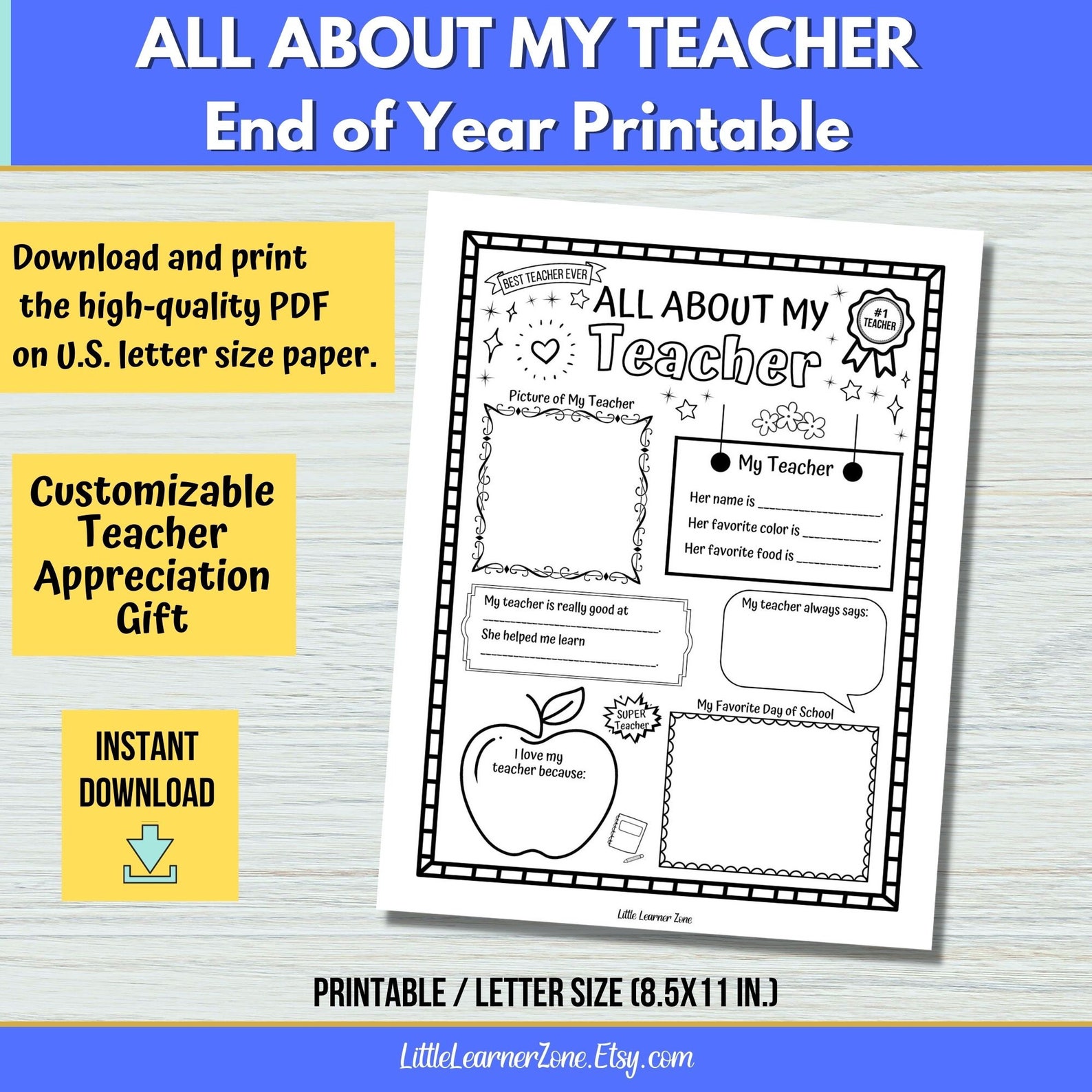 Teacher Appreciation Week Gift, All About My Teacher Printable, End of ...