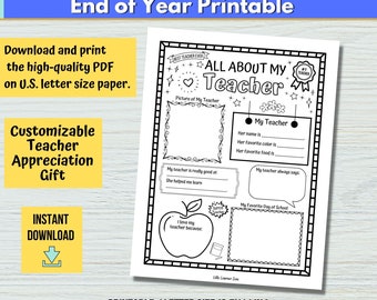 Teacher Appreciation Week Gift, All About My Teacher Printable , End of ...