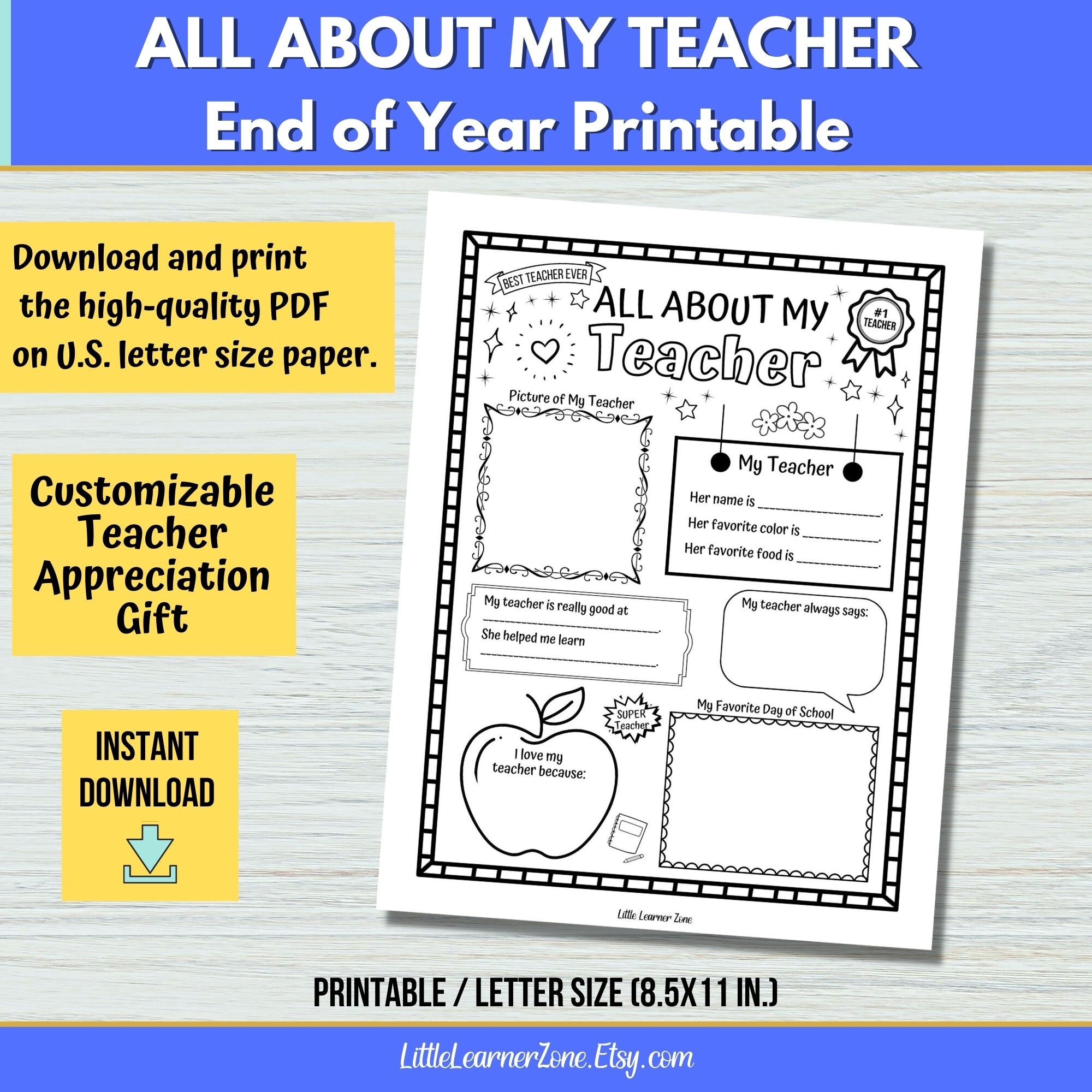 Teacher Appreciation Week Gift, All About My Teacher Printable, End of ...