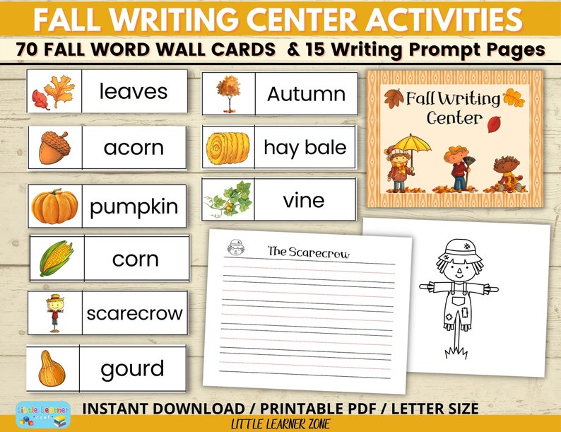 Fall Writing Center, Fall Word Wall Cards, Fall Writing Prompts With ...