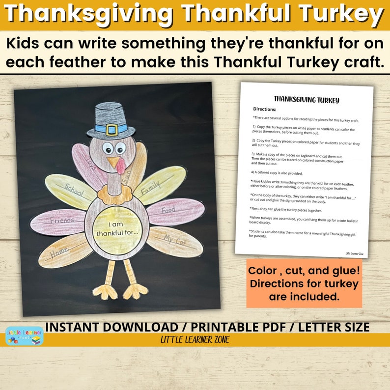 Thankful Turkey for Kids Printable Craft, Thanksgiving DIY Kids Turkey ...