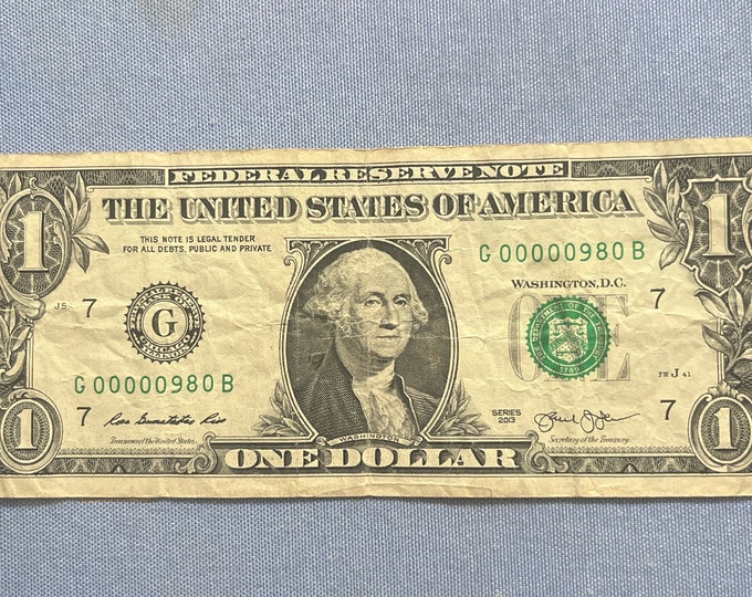 Rare 00000980 Low Serial Number Bank Note Dollar Bill United States ...