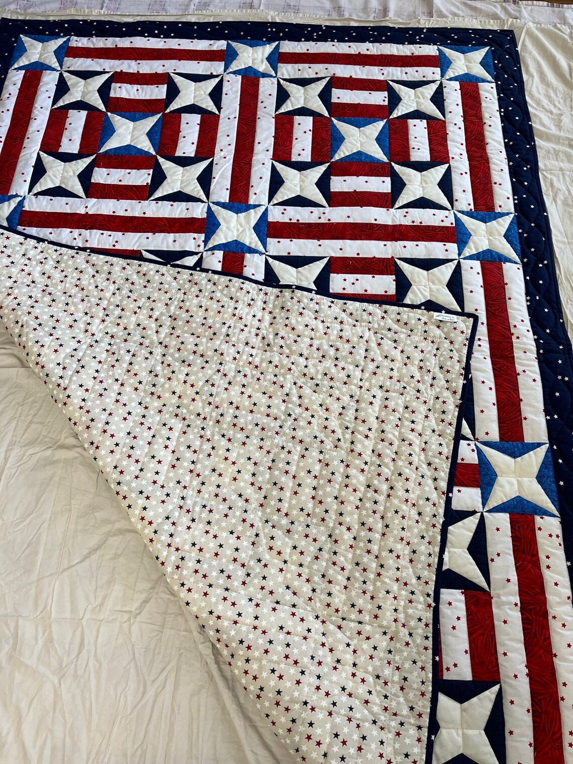 Handmade Star Spangled Banner Twin Size Quilt, Hand Quilted, 60x84, Red ...