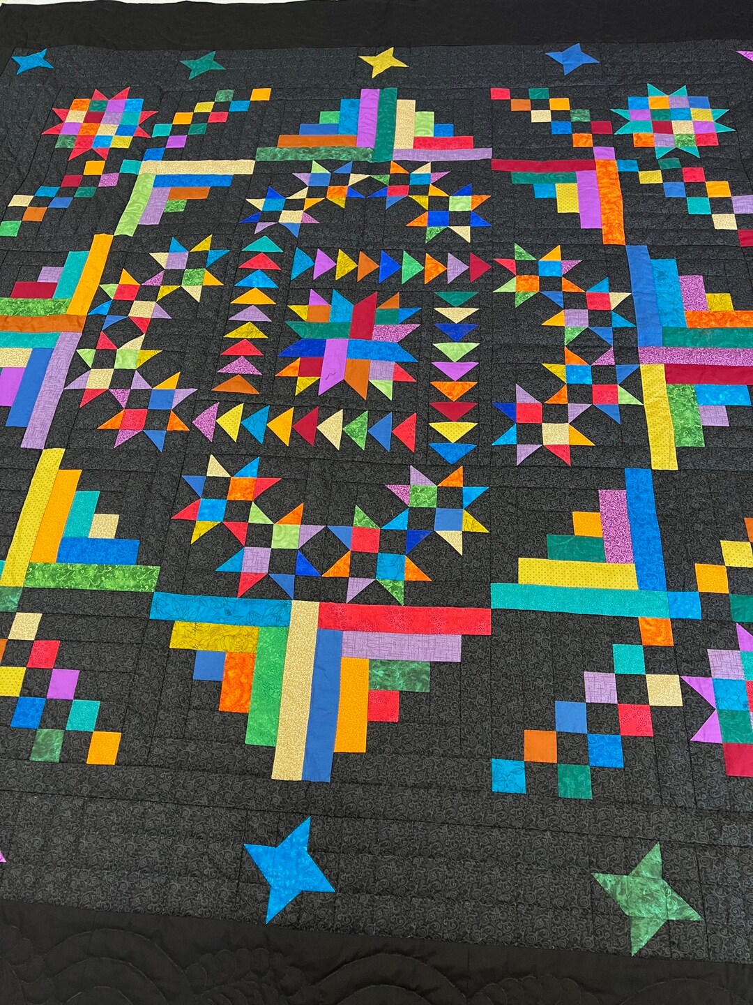 Handmade Bright Primary Colors on Black Warmth of Our Stars Quilt ...