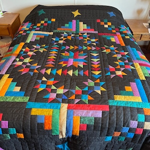 Handmade Bright Primary Colors on Black Warmth of Our Stars Quilt ...