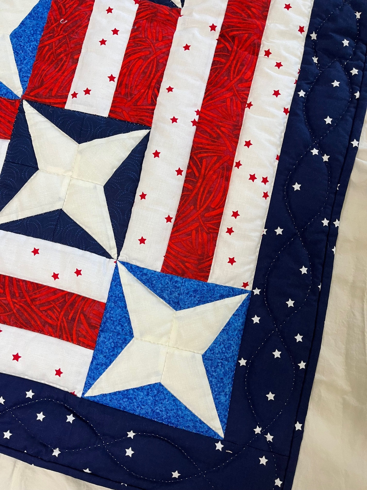 Handmade Star Spangled Banner Twin Size Quilt, Hand Quilted, 60x84, Red ...