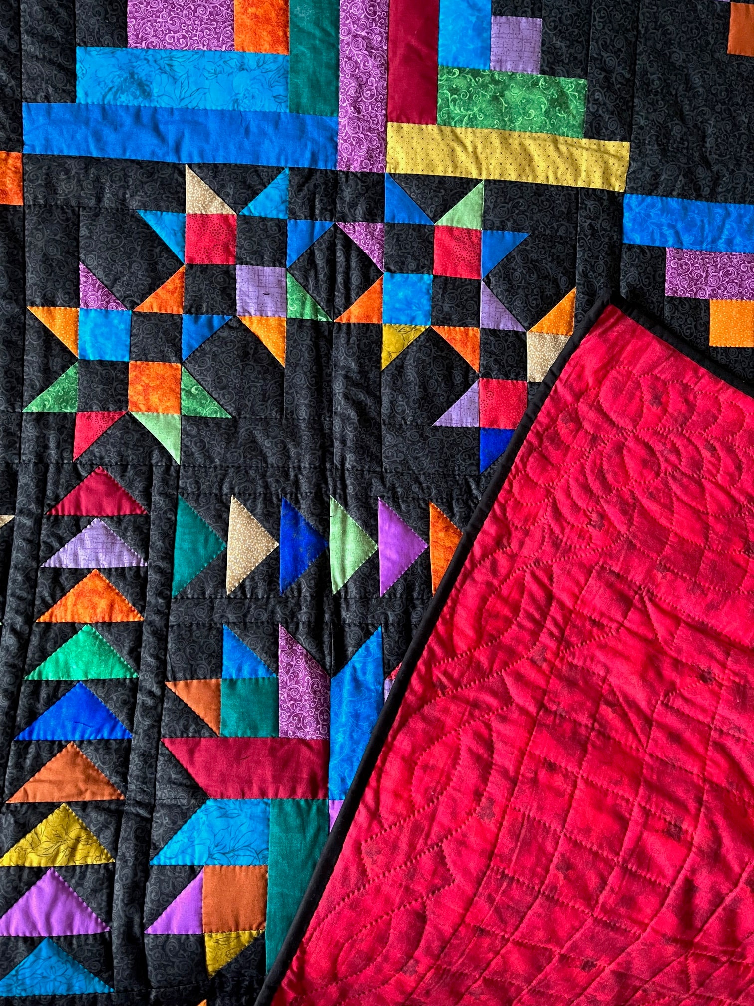 Handmade Bright Primary Colors on Black Warmth of Our Stars Quilt ...