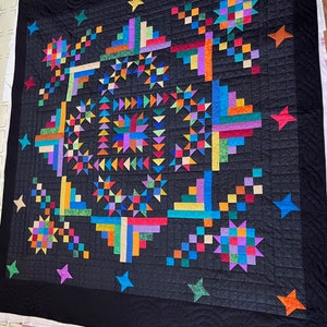 Handmade Bright Primary Colors on Black Warmth of Our Stars Quilt ...