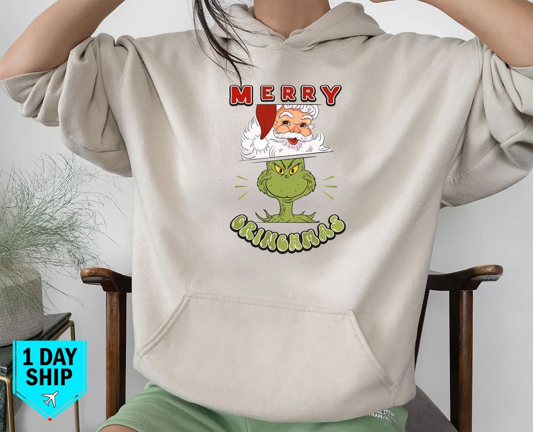 Merry Grinchmas Santa and Grinch Hoodie, Santa Claus Hood, Grinch Face ...
