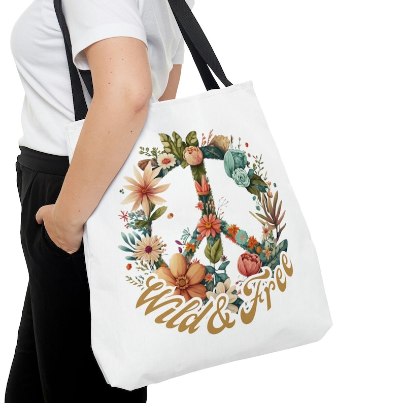 Peace Sign Tote Bag Floral Peace Sign Reusable Aesthetic Tote Bag White ...