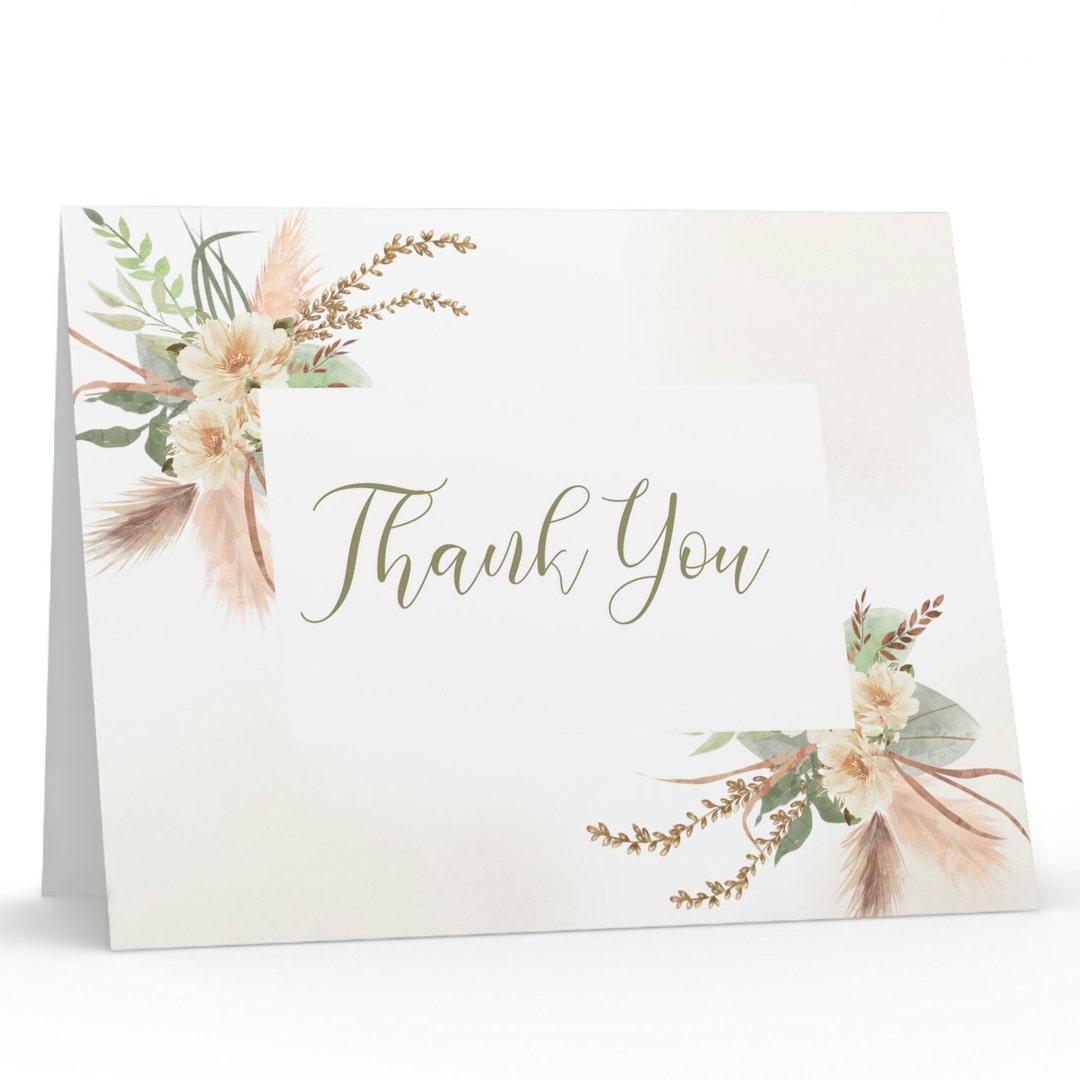 Thank You Card Boho Floral Pampas Elegant Bohemian Wedding Thank You ...