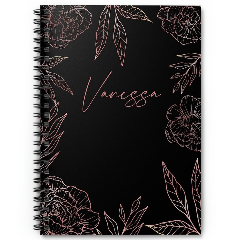 Personalized Journal Rose-gold & Black Floral Custom Diary Spiral ...