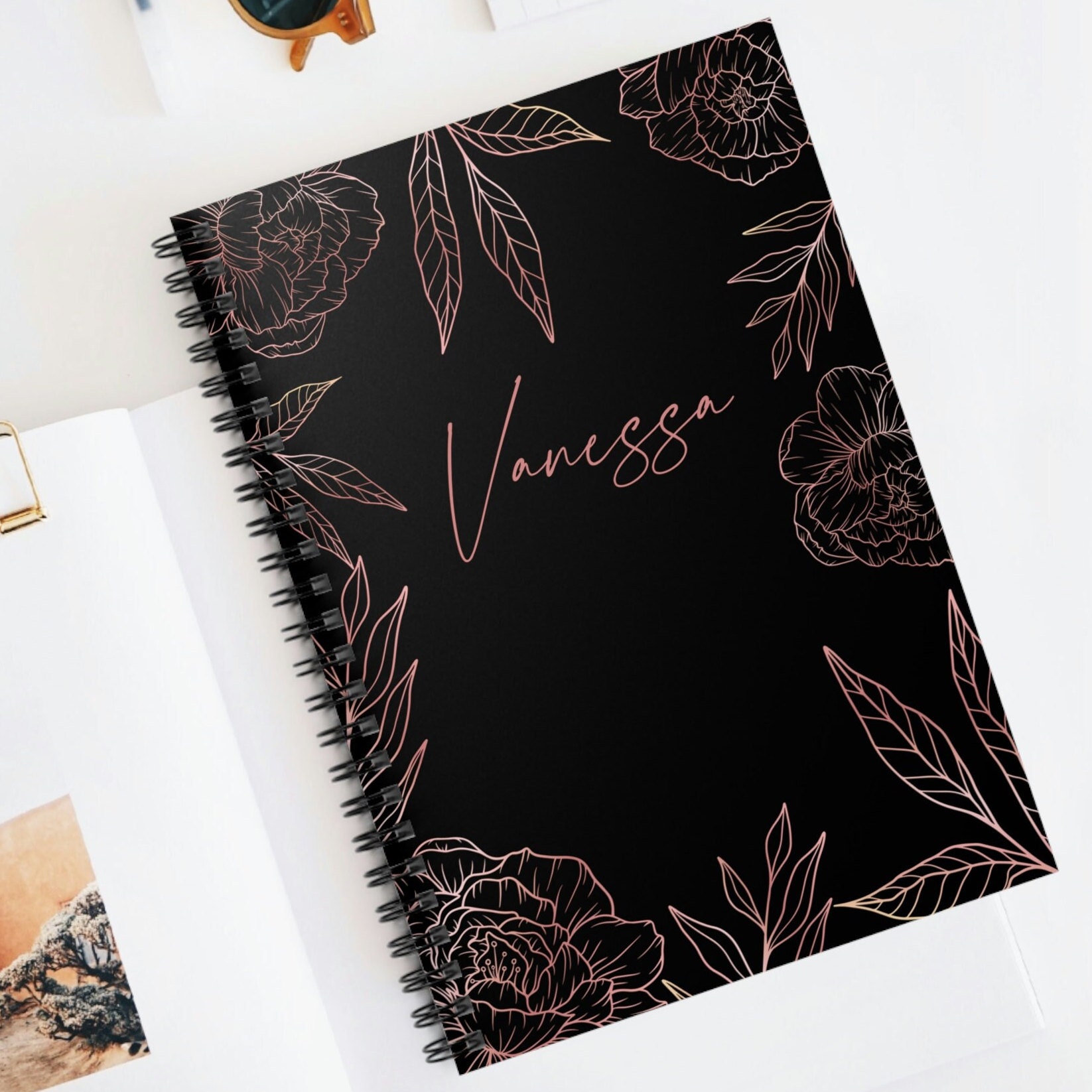 Personalized Journal Rose-gold & Black Floral Custom Diary Spiral ...