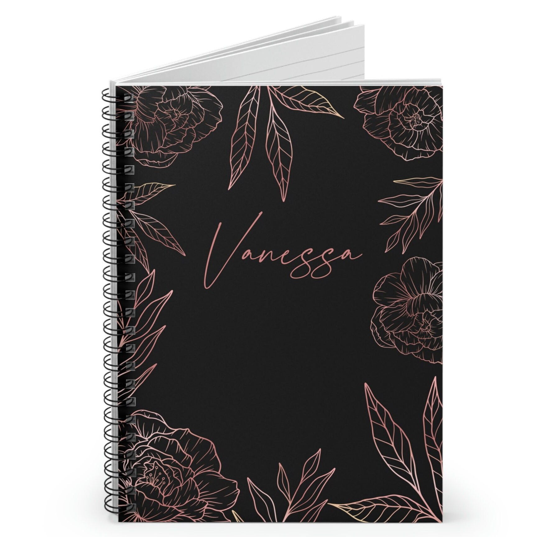 Personalized Journal Rose-gold & Black Floral Custom Diary Spiral ...